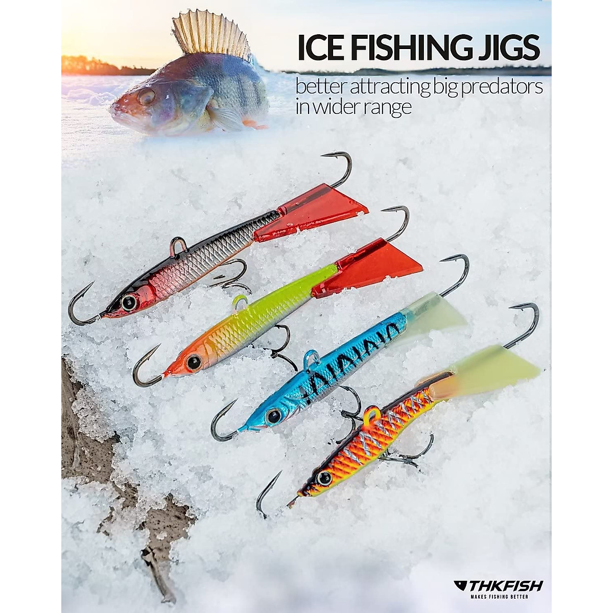 THKFISH Ice Fishing Jigs Panfish Ice Fishing Lures Kits Ice Fishing Gear Kit 14pcs Luminous Ice Fishing Color D
