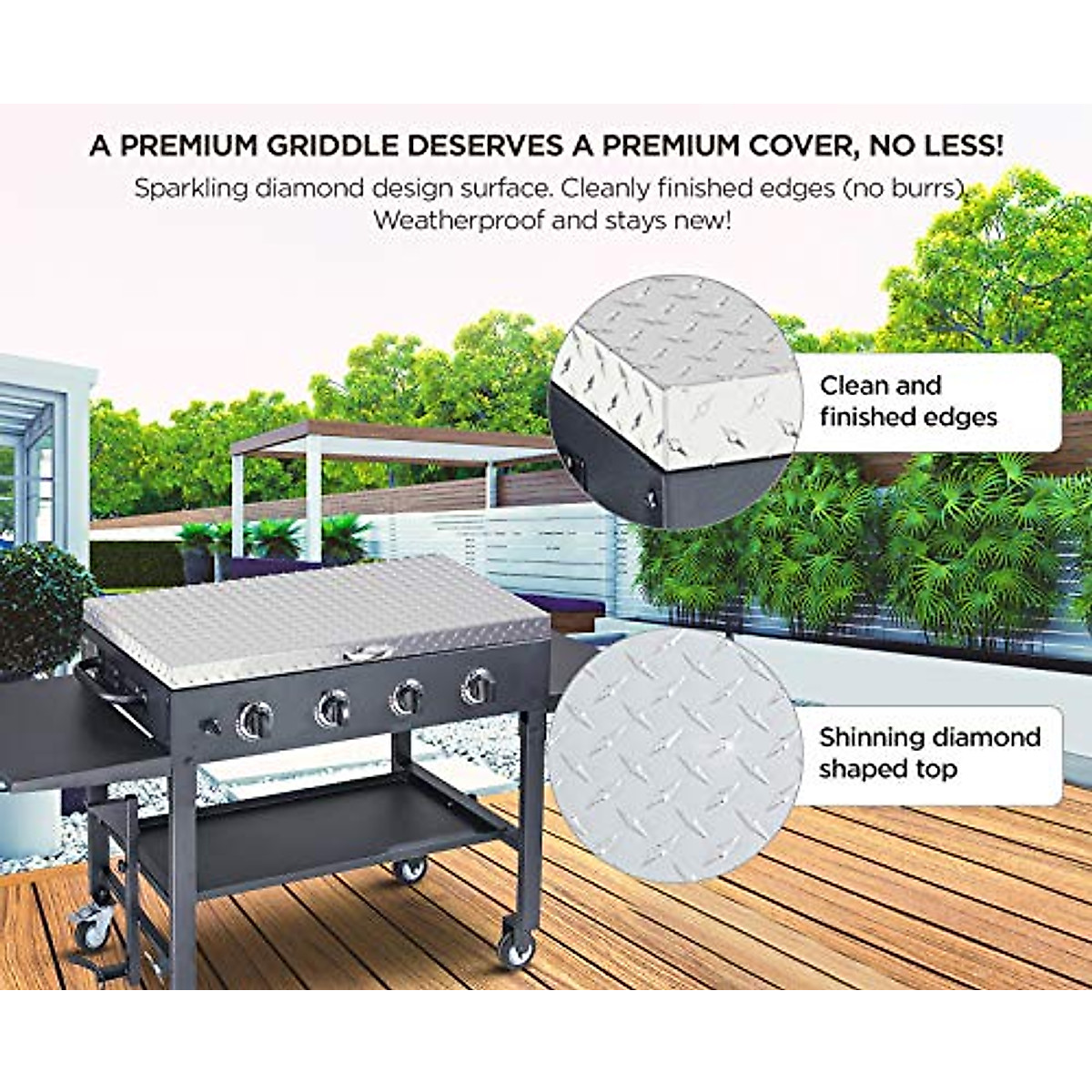 flybold Griddle Cover 36" Works for Blackstone Waterproof Diamond Plated Lightweight Aluminum Hard Top Lid with Stainless Steel Handle for Outdoor BBQ Hood Blackstone Griddle Accessories
