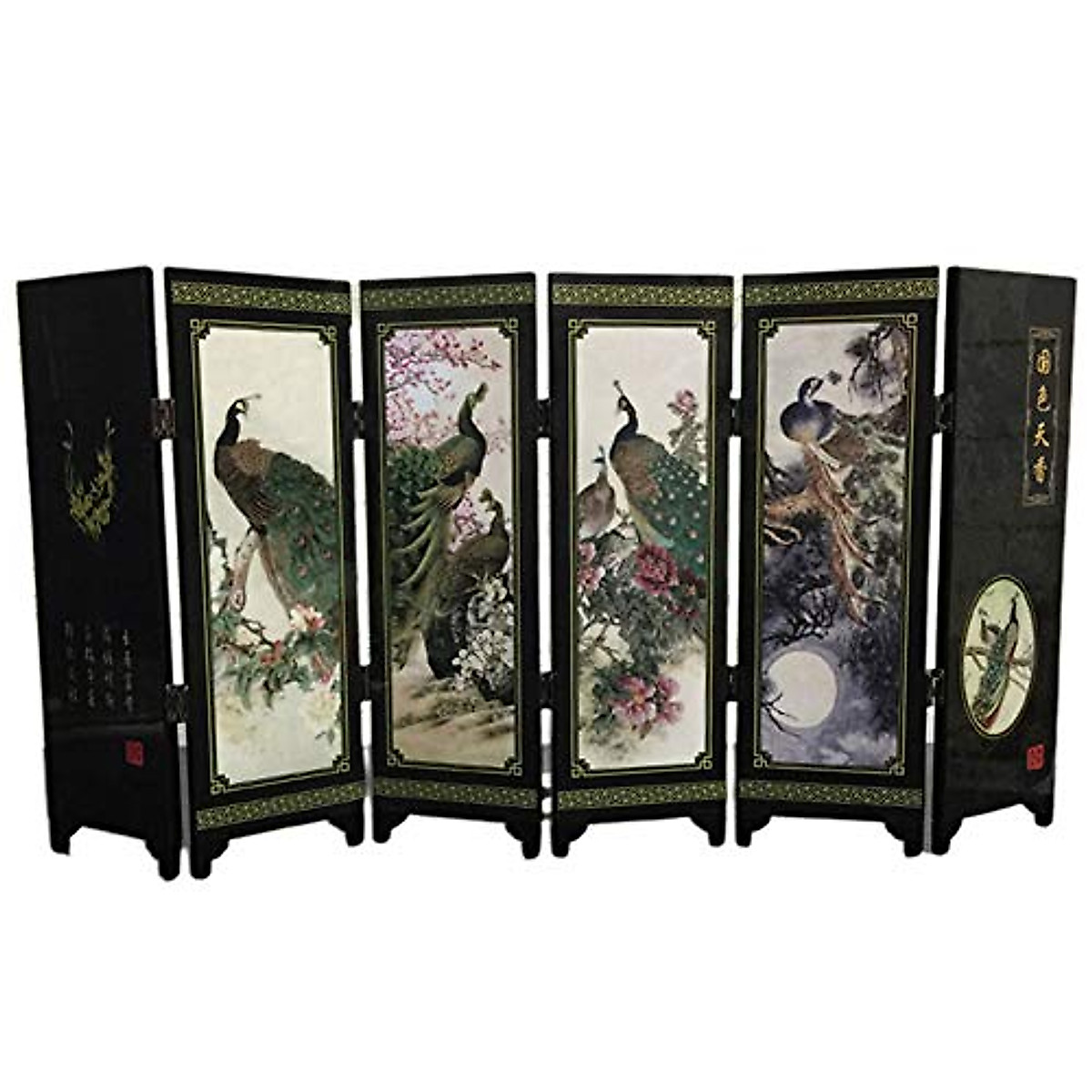 Luwsldirr Wooden 10 pcs 6-Panel Peacock Screen Room Divider Folding Partition Gift Desktop Decor - Black