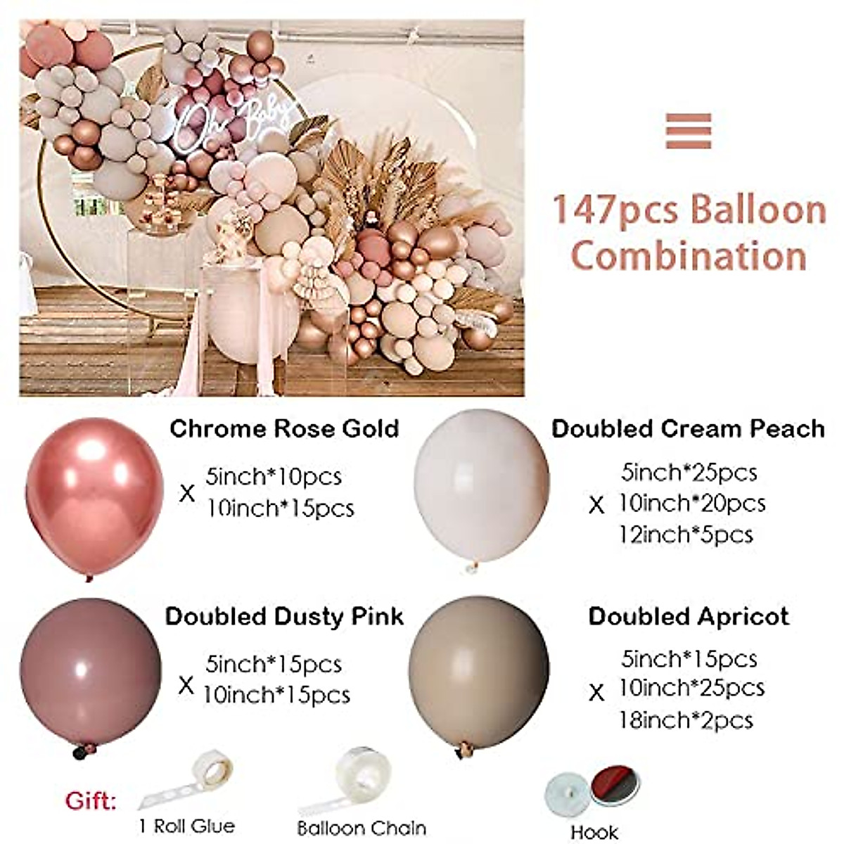 147Pcs DIY Doubled-Stuffed Apricot Cream Peach Balloons Chrome Rose Gold Balloons Blush Ivory Nude Balloons Balloons Garland Arch Kit Boho Wedding Decoration Bridal Shower Birthday Party Supplies