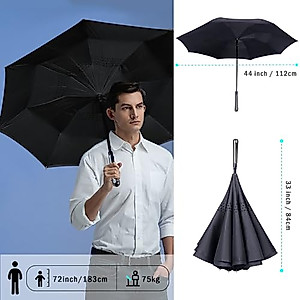 LFLFWY Inverted Reverse Upside Down Umbrella Windproof Strong - 49 inch Vented Double Canopy Large Stick Umbrellas for Rain Waterproof Golf Car Travel Umbrella - Men and Women