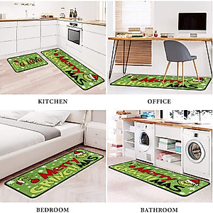 Faptoena Merry Grinchmas Christmas Kitchen Rugs and Mats Set of 2,Christmas Kitchen Decoration,Non Slip Absorbent Kitchen Mat Waterproof Runner Rug for Laundry Room and Sink