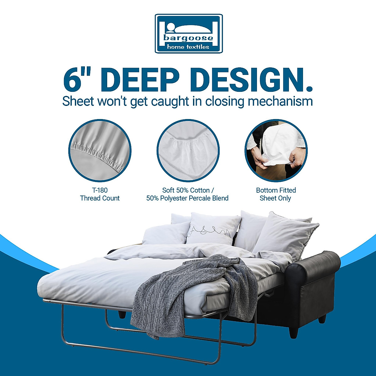 Sofa Sleeper Fitted Sheet, Sofa Bed/Pullout Couch Bottom Sheet, Fits 6" Thick Sleeper Sofa Mattress, 38" x 72" - Twin