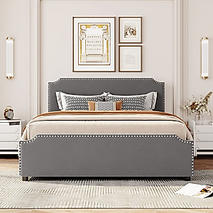 BIADNBZVelvet Queen Size Platform Bed Frame with Stud Trim Headboard and Footboard,4 Drawers for Bedroom/Guestroom,No Box Spring Needed,Gray