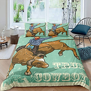 Cowboy Quilt Cover Bull Vintage Poster Pattern Duvet Cover Settwinfor Kids Boys Teal Bedding Set Soft Microfiber Lightweight Comforter Cover with Zipper Decorative 2 Piece with 1 Pillow Sham