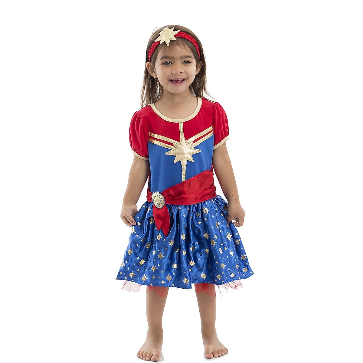 Marvel Avengers Captain Marvel Little Girls Tulle Cosplay Dress and Headband Red 7-8