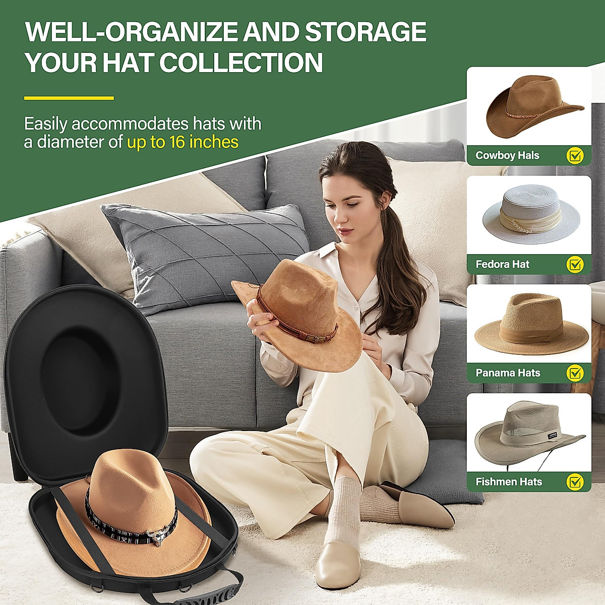 Cinati Hat Box for Travel-Crush Proof Hat Travel Case for Cowboy Hats Holder Storage Box Organizer Cap Carrier with Adjustable Carry Strap