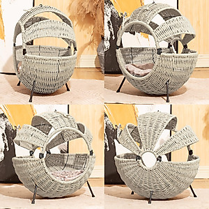 Cozy Rattan Cat House with Cushion - Large Spherical Indoor Outdoor Pet Bed, 20.5x20.5x14 Inches Light Gray