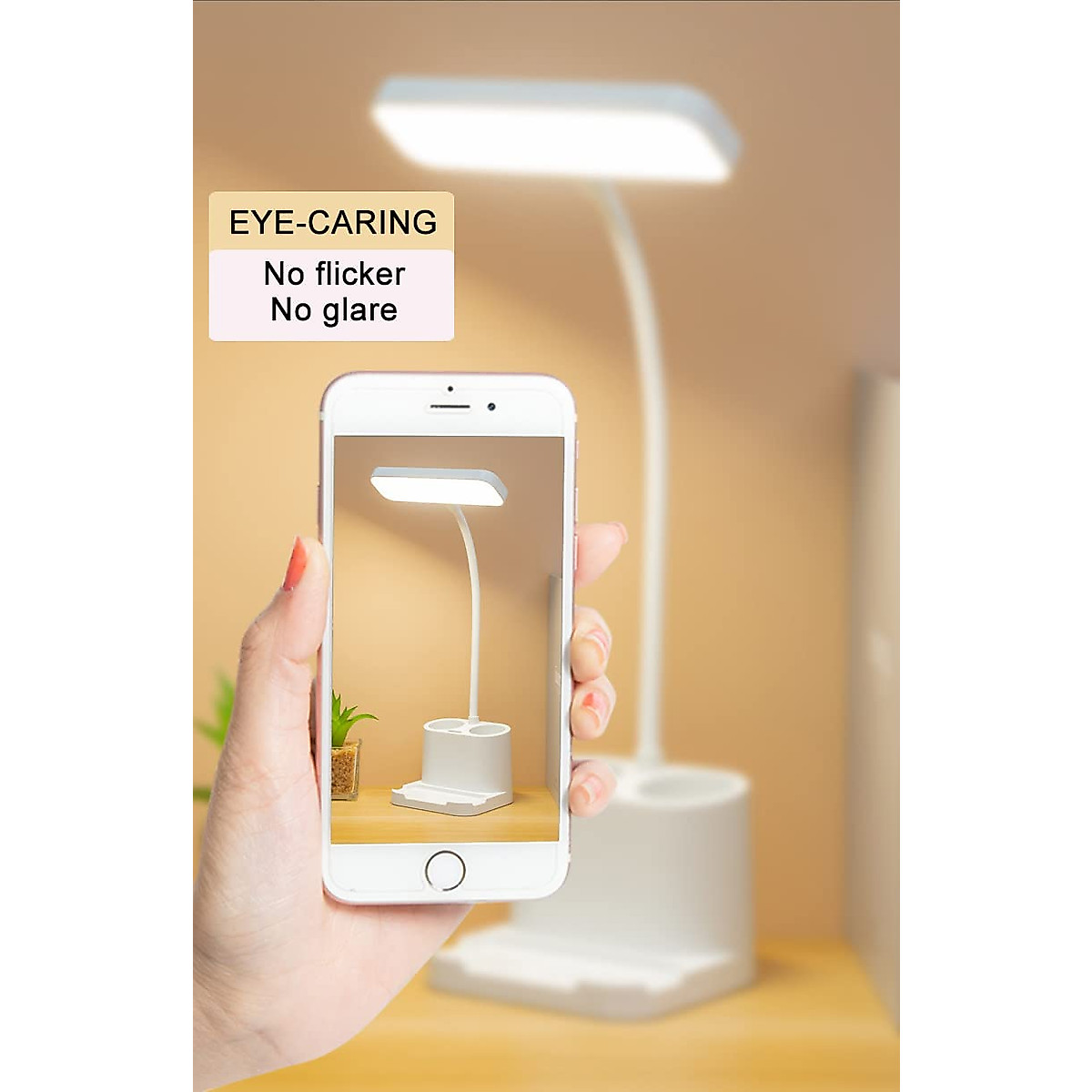 Bovmics LED Desk Lamp with 2 USB Charging Port and 3 AC Outlet, 3 Color Temperatures,Adjustable Neck, On/Off Switch,Eye-Caring Home Office Foldable Table Lamp (White)