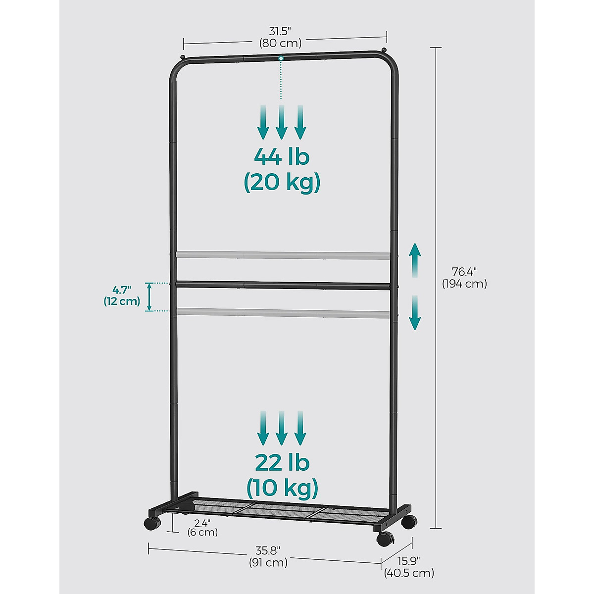 SONGMICS Clothes Rack with Wheels, 35.8 Inch Double-Rod Garment Rack, Clothing Rack for Hanging Clothes, with Dense Mesh Storage Shelf, 44 lb Load Capacity, 2 Brakes, Steel Frame, Black UHSR027B01