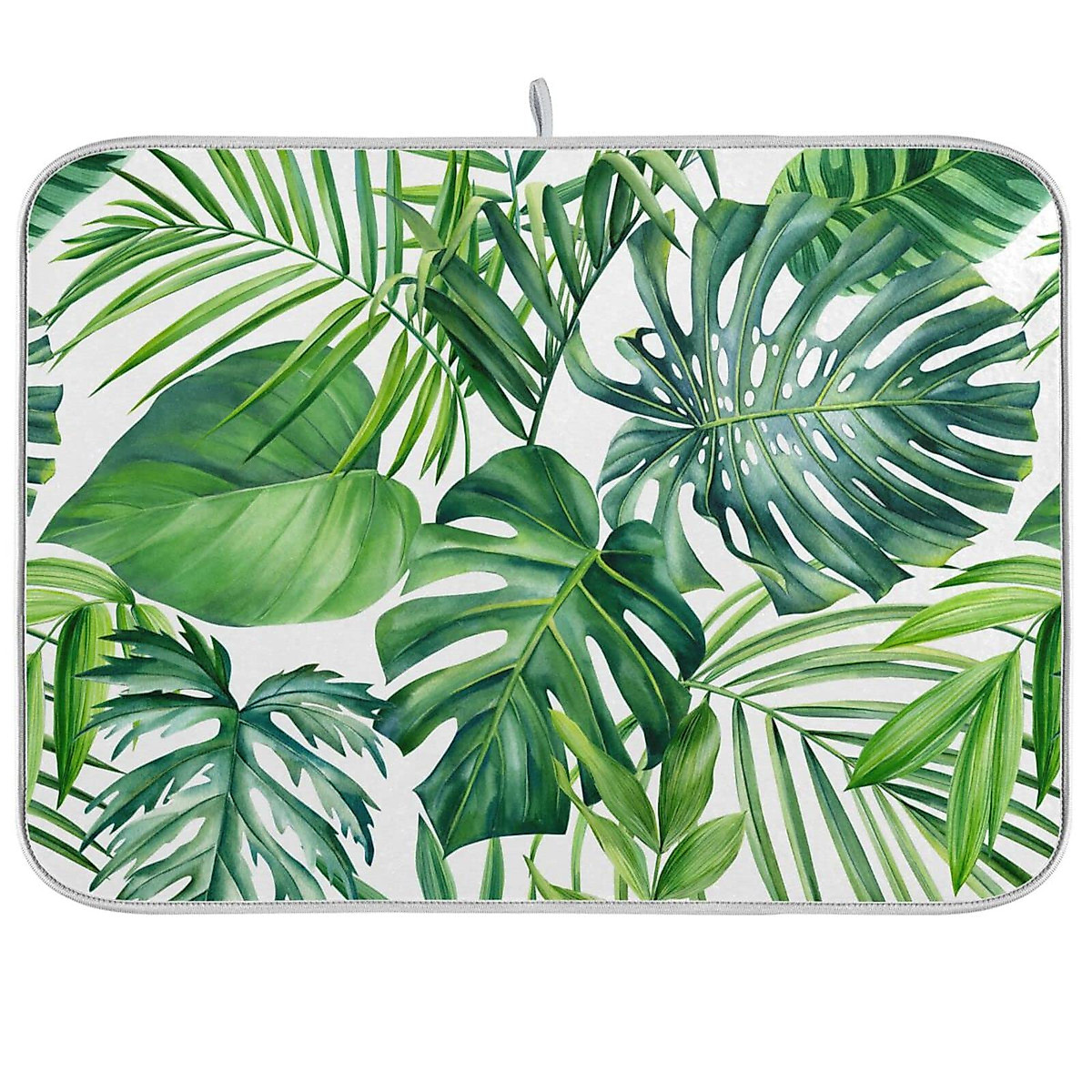 Tropical Palm Leaves Dish Drying Mat for Kitchen Counter Green Monstera Leaf Absorbent Microfiber Drying Pad, Medium 16x18 in, Reversible Drainer Mats