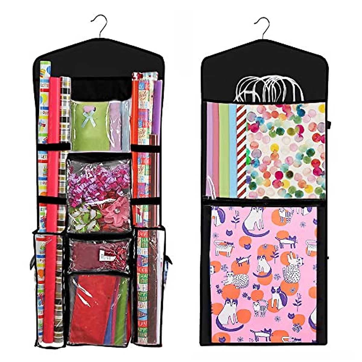 Hanging Gift Wrapping Paper Storage Organizer Bag, Double Sided Multiple Front & Back Pockets Organize Your Gift Wrap, Gift Bags Bows Ribbons 40"X17" Fits Long 40 Inch Rolls Clear PVC Bag (Full Black)