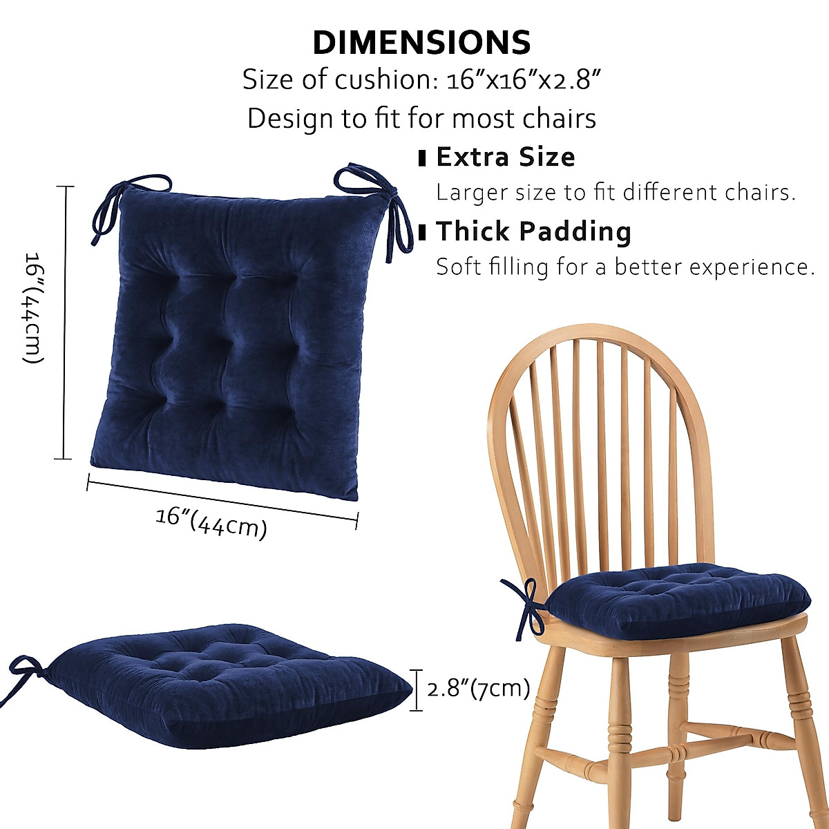 ELFJOY 4 Pack Chair Cushions for Dining Chairs Chair Pads Cushion for Kitchen Office Tufted Square Seat Cushion with Ties (16" Navy Velvet)