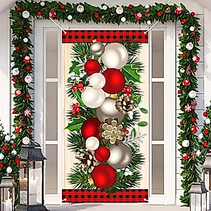 Buryeah Winter Door Cover Front Door Banner Backdrop Merry Christmas Tree Door Decor Xmas Festival Holiday Fabric Backdrop Door Cover for Outdoor Party Supplies, 70.9 x 35.4 Inch(Ball Ornament)