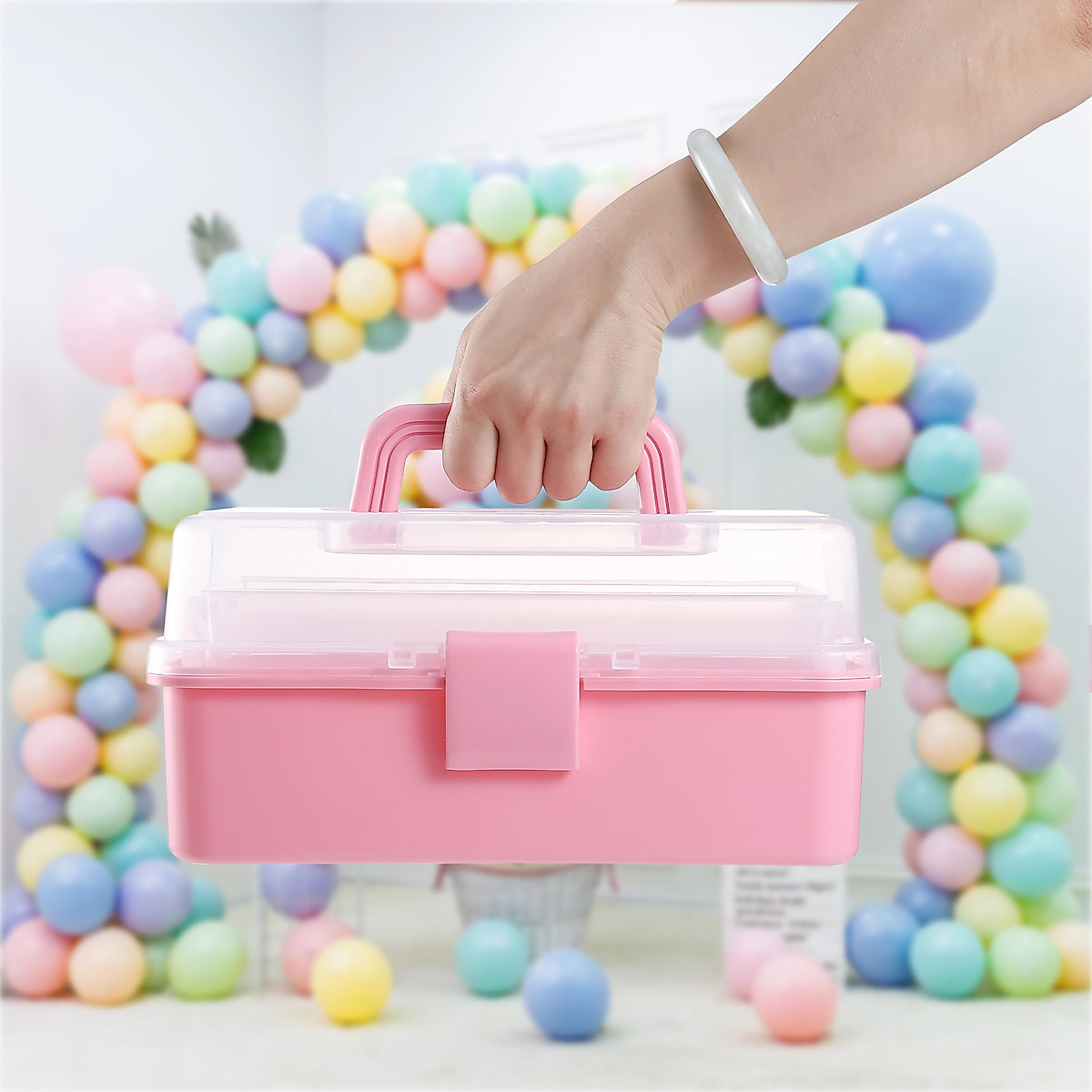 Flower River 11(in) Versatile Three-Layer Folding Organizer Box,Ideal for Art & Crafts,Toys,Sewing Supplies,Jewelry and Tools,Storage with Dual Trays,Elegant Pink