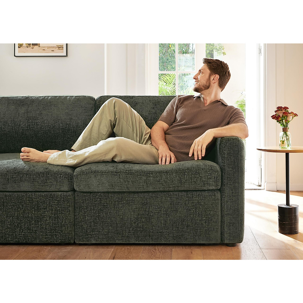 HONBAY Modular Sectional Sofa, Sectional Couch with Storage Seats, Sleeper Chenille Sectional Couches for Living Room, Green