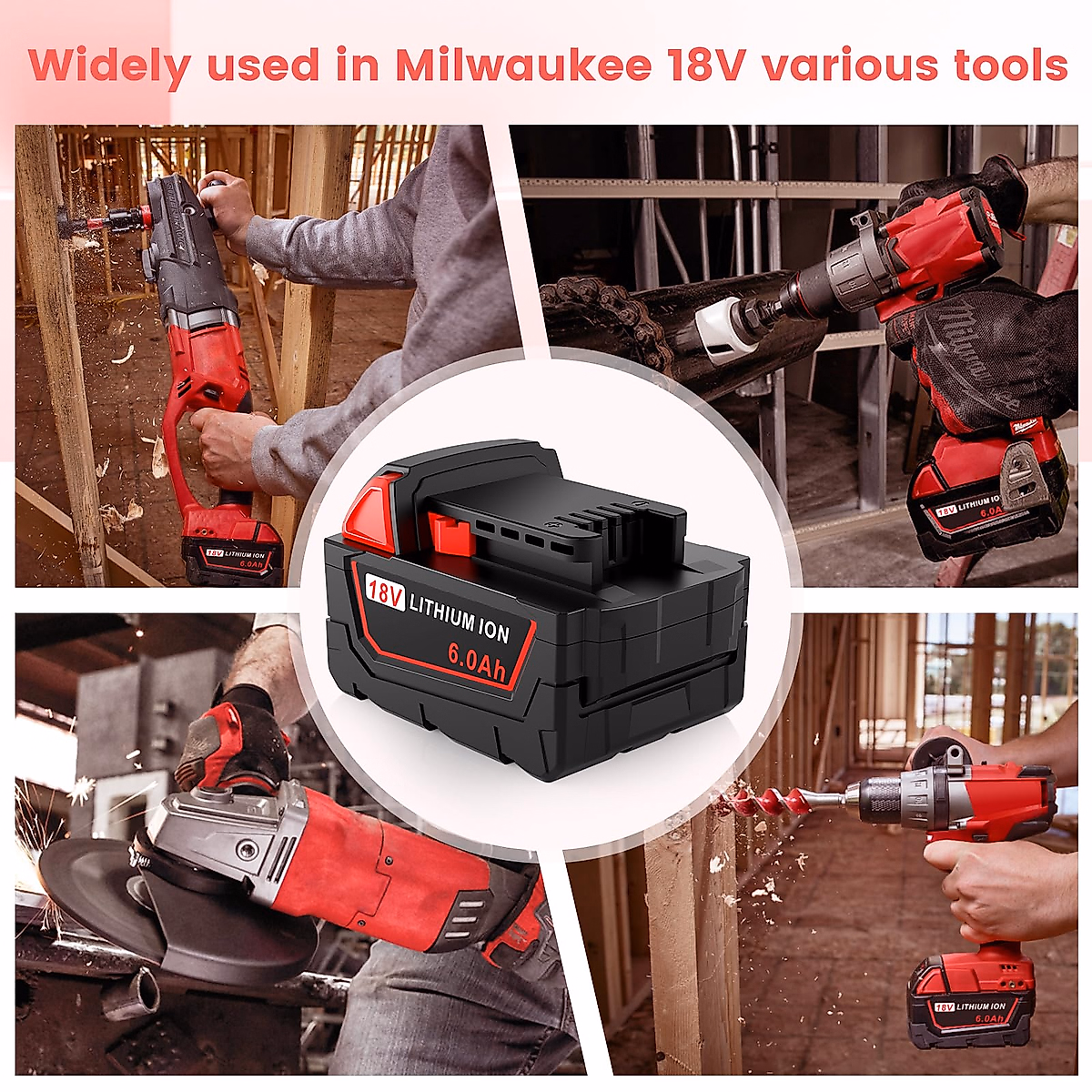 18V 6.0AH Capacity Battery - Replacement for M18 Battery Compatible with Milwaukee Battery Tools and Charger 48-11-1850 48-11-1852 48-11-1850R 5.0Ah 48-11-1840 4.0Ah 48-11-1828 3.0Ah 48-11-1820