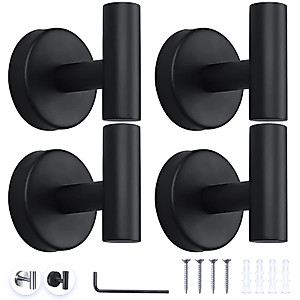 Budding Joy Towel Hooks for Bathrooms, Black Towel Hook Wall Mounted, Durable Stainless Steel Towel Hanger with Sleek Look, Heavy Duty Wall Hook for Hanging Coat Robe, Easy to Clean, 4-Pack