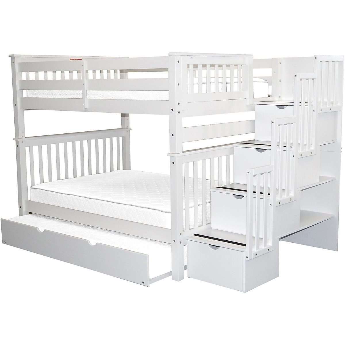 Bedz King Stairway Bunk Beds Full over Full with 4 Drawers in the Steps and a Full Trundle, White
