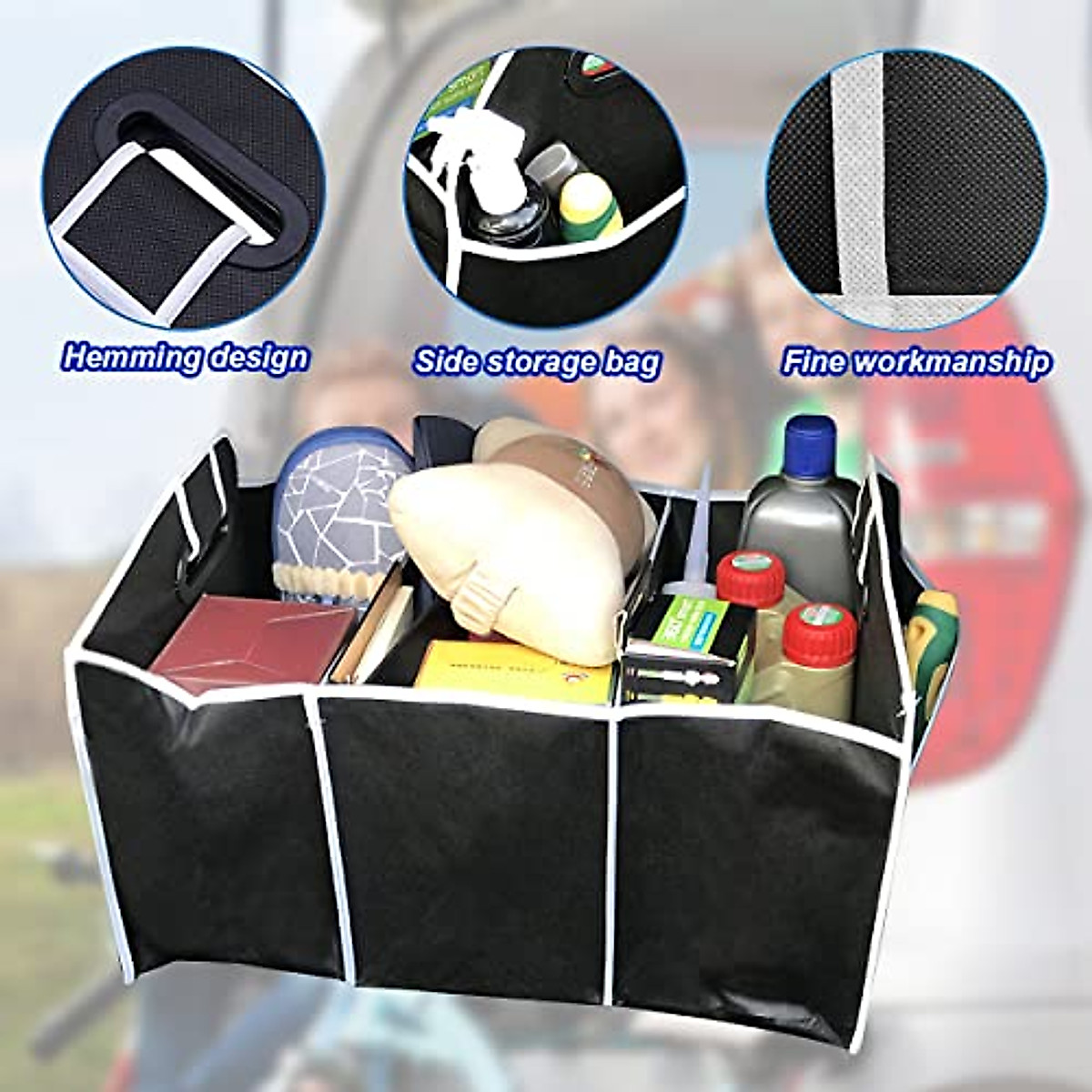 Car Trunk Organizer, Portable Foldable Waterproof Auto Storage Bag with 3 Compartments, Collapsible Cargo Trunk Groceries Organizer, Car Accessories Universal for SUV, Truck, Van, Sedan (Black2)