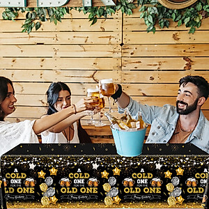 Juweked Beer Party Decorations,Black and Gold Happy Birthday Tablecloth for Men A Cold One for The Old One Plastic Tablecloth for 30th 40th 50th Birthday Cheers and Beers Party Supplies