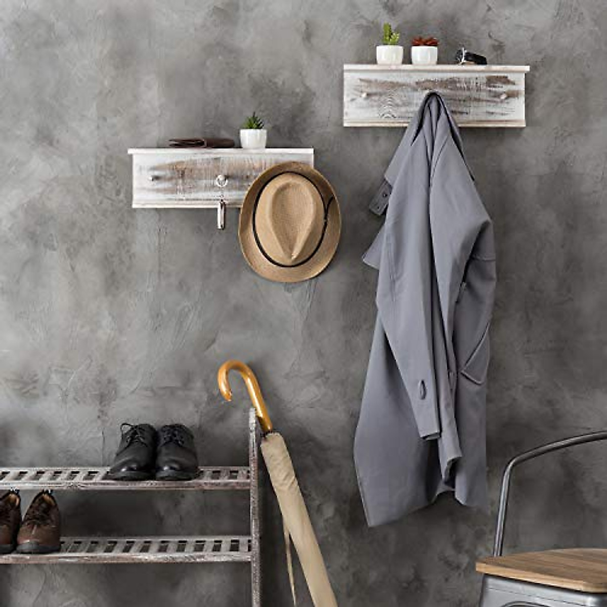 MyGift Rustic Whitewashed Wood 16-Inch Wall-Mounted Shelves with 3 Coat & Hat Pegs, Set of 2