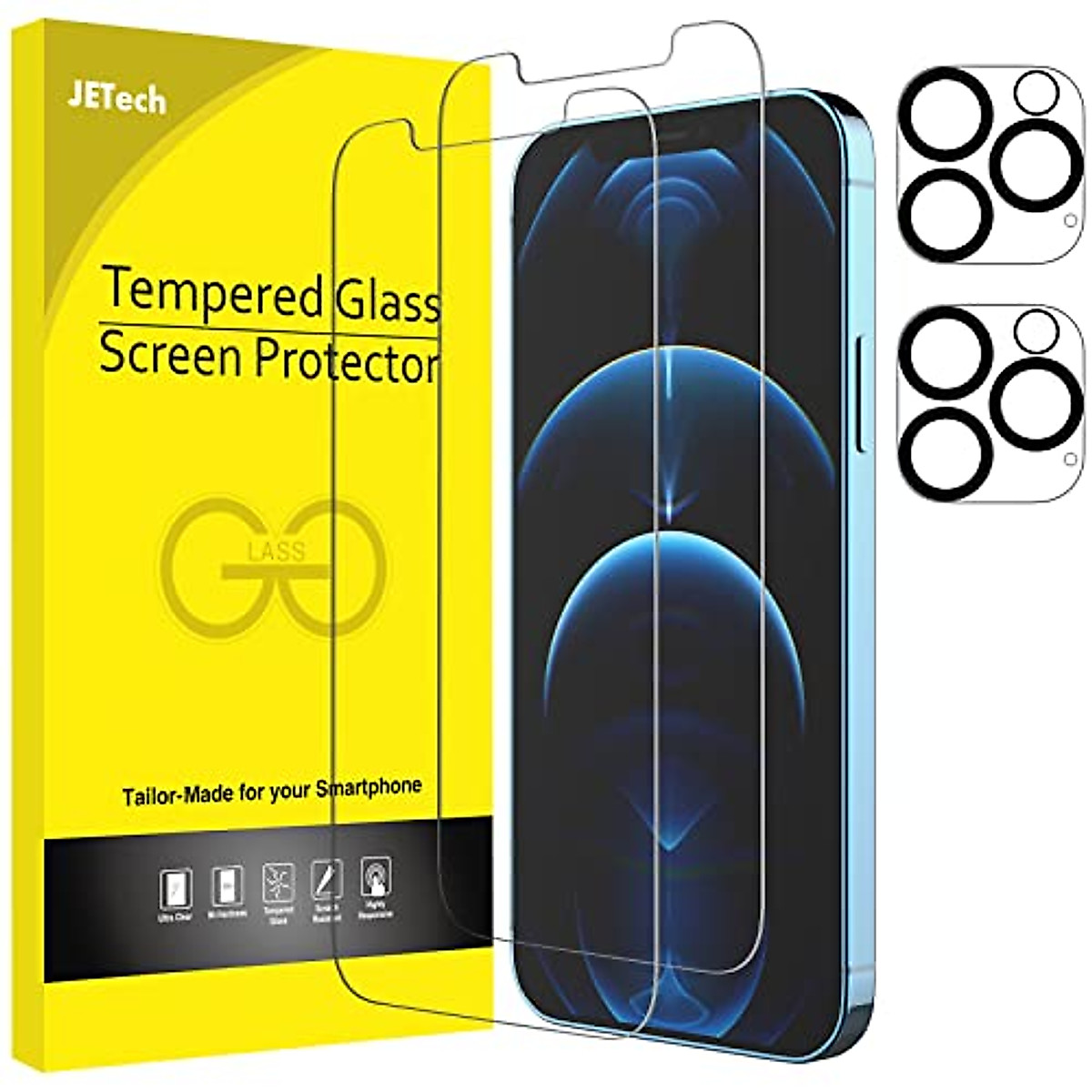 JETech Screen Protector for iPhone 12 Pro 6.1-Inch with Camera Lens Protector (Not for iPhone 12), Tempered Glass Film, 2-Pack Each