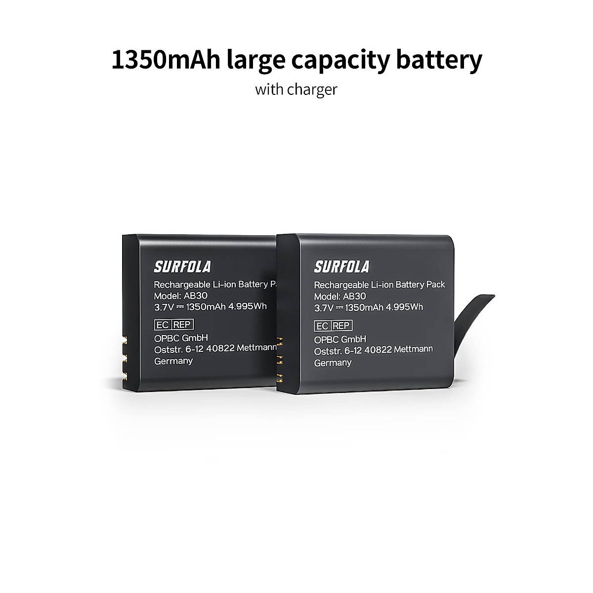 Surfola Action Camera Battery Pack, Rechargeable Batteries with Charger 1350mAh X2, with USB Dual Charger for Sports Camera, Compatible with AKASO EK7000/CAMPARK/CROSSTOUR/APEMAN and More