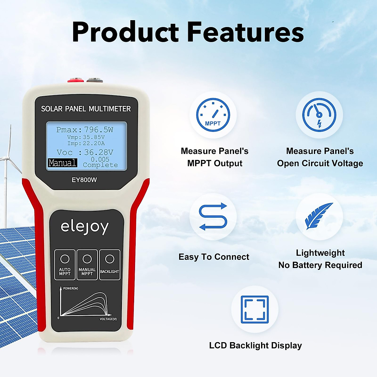 ELEJOY Solar Panel Multimeter Digital- Measure MPPT Power Output Rating, Open Circuit Voltage Smart Tester