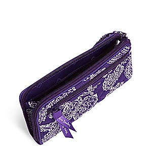 Vera Bradley Women's Cotton Collegiate Front Zip Wristlet With RFID Protection (Multiple Teams Available), Clemson University Purple/White Bandana, One Size