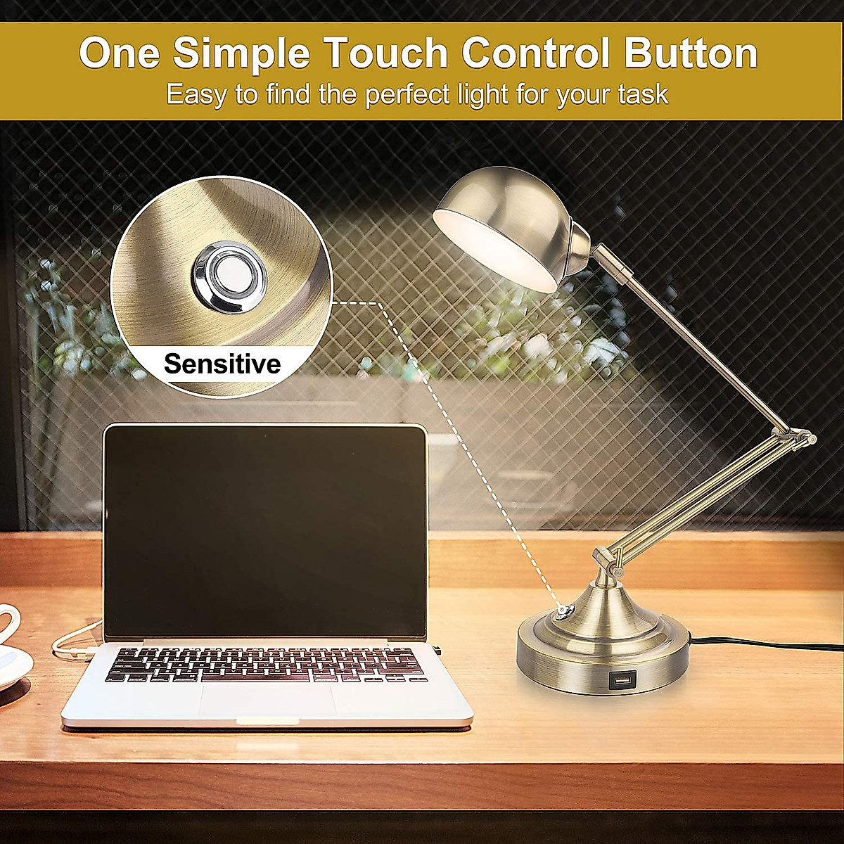 Mlambert 3-Color in 1 LED Desk Lamp with USB Charging Port, Swing Arm, Fully Dimmable, Eye-Caring Task Lamp, Touch Control Brass Metal Architect Drafting Table Lamp for Bedside, Office, Work, Reading