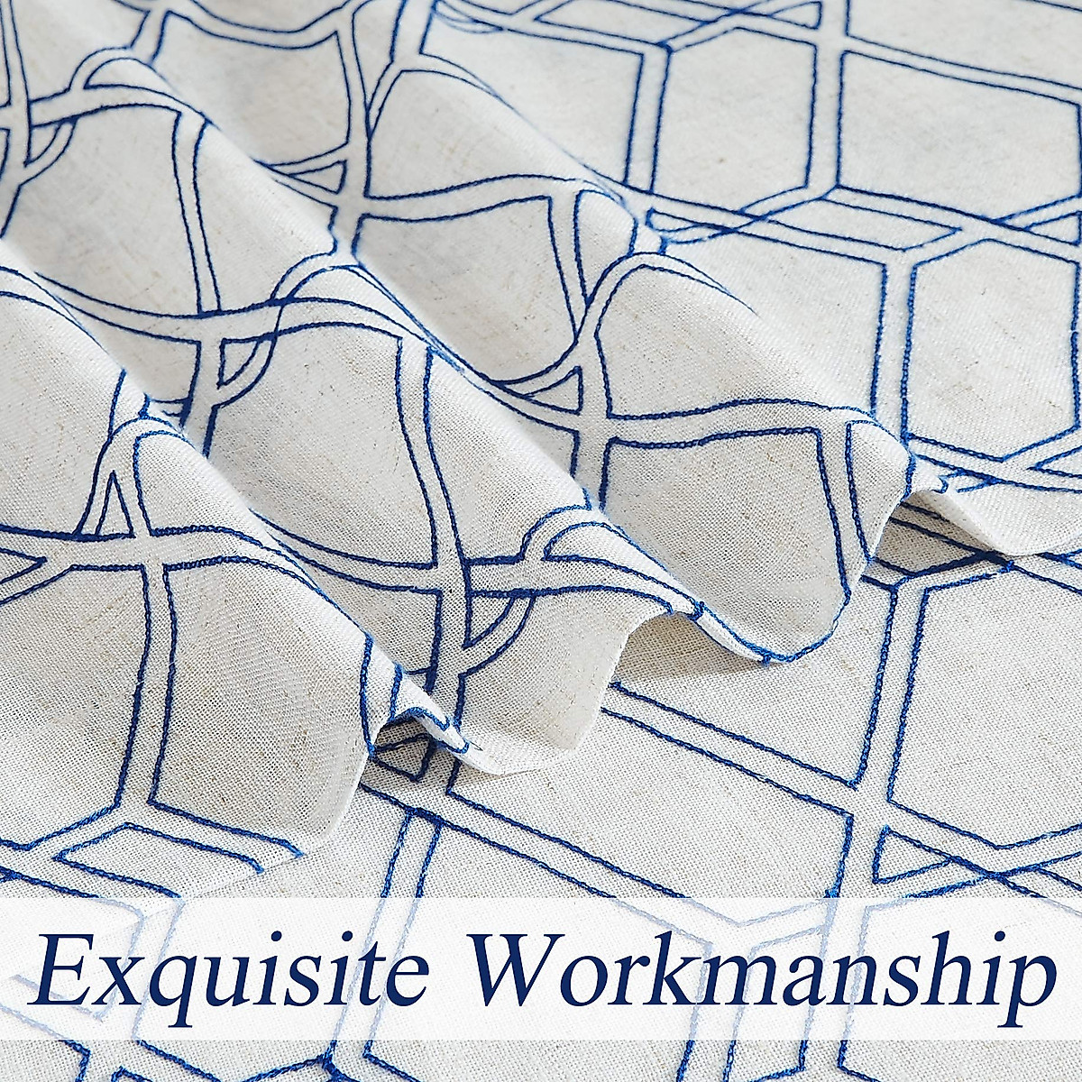 WEST LAKE Boho Geometric Semi Sheer Curtain Panels 84 Inch Blue Beige Natural Bohemia Geometric Embroidery Contemporary Lattice Grommet Farmhouse Window Treatment Drapes Living Room Bedroom 40”x84”x2