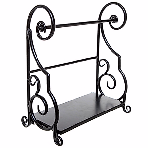 MyGift Black Metal Paper Towel Holder Stand and Condiment Shelf Rack with Decorative Scrollwork Design