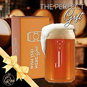 Monogram Beer Glasses for Men (A-Z) 16 oz - Beer Gifts for Men Brother Son Dad Neighbor - Unique Christmas Gifts for Him - Personalized Drinking Gift Beer Glass Mugs - Engraved Beer Can Glass (J)
