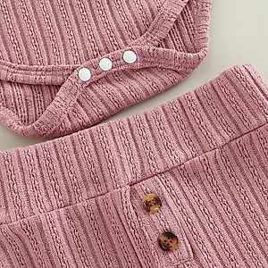 Newborn Baby Boy Girl Clothes Set Infant Ribbed Outfits Fall Winter Solid Color Romper with Elastic Long Pants 2Pcs (Pink, 6-12 Months)