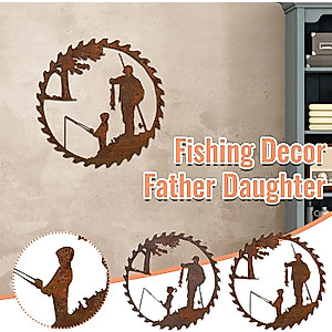 JINDENG Father's Day Unique Gift Metal Art Fishing Wall Decor, 3D Metal Wall Art Rusty Father and Son Daughter Fishing Round Hanging Decor Crafts - Home Garden Decoration (C)