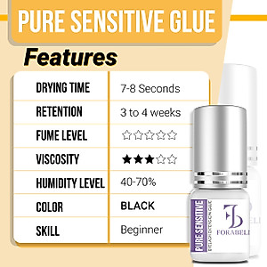 Forabeli Pure Sensitive Eyelash Glue 5ml - 7-8 Sec Drying Time, 3-4 Weeks Retention, Black Adhesive, No Fume, No Irritation