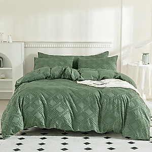 JELLYMONI Green Duvet Cover Full Size - 3 PCS Microfiber Tufted Duvet Cover Set, Boho Textured Duvet Cover Jacquard Rhombus Geometric Pattern Duvet Cover with Corner Ties & Zipper Closure