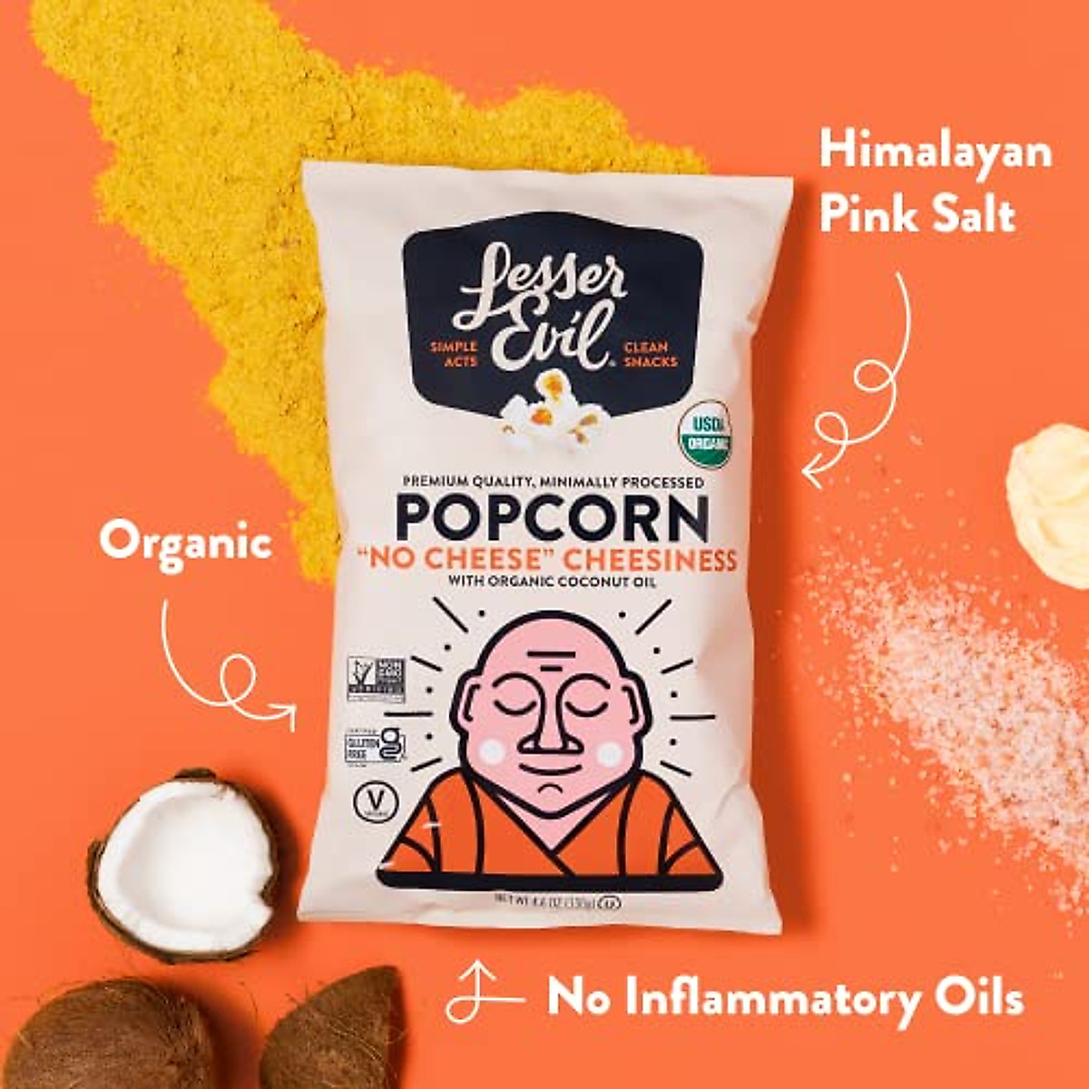 LesserEvil No Cheese Cheesiness Organic Popcorn, Premium Quality, Minimally Processed, No Vegetable Oil, 4.6 Oz, Pack of 3.