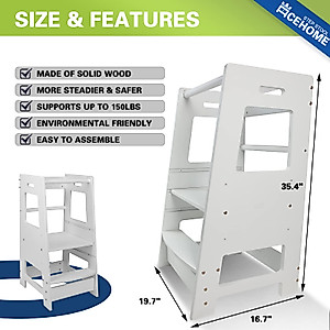 ACEHOME Toddler Kitchen Stool, Toddler Tower with Safety Rail, Toddler Stool for Kitchen Counter, Adjustable Height Little Helper Tower, Kitchen Stool for Toddlers 18 Months and Older, White