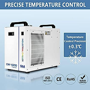 S&A 7L Industrial Water Chiller CW-5200DH 0.9HP 3.43gpm Water Cooling System for 60W 70W 80W 90W 100W 120W 130W 150W CO2 Laser Engraving & Cutting Machines, Cools 5699 BTU/Hour