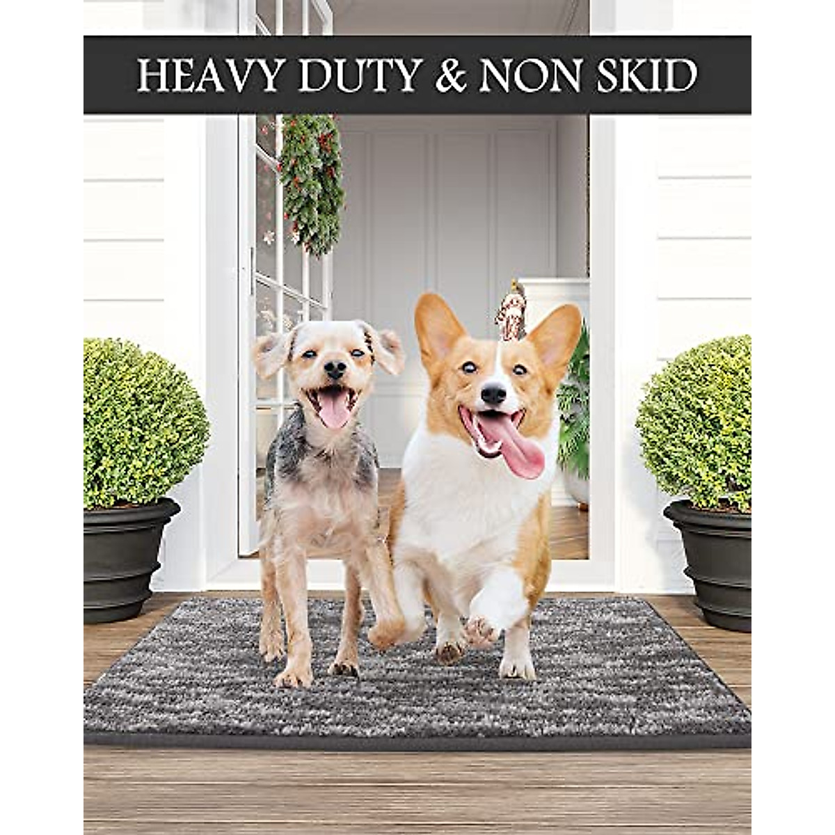 Door Mats Outdoor Indoor Doormat-Rubber Non Slip Absorbent Front Door Mats for Outside Entry Entrance-Dirt Trapper Mat for Muddy Paws and Shoes-Gray-17”x30”