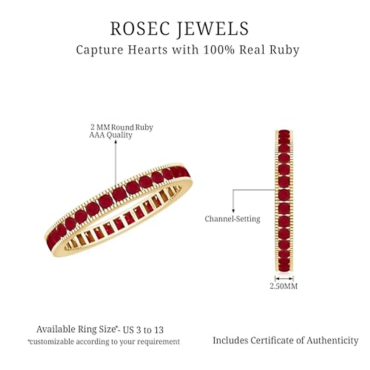 Rosec Jewels Natural Ruby Wedding Eternity Band Ring for Women, Aaa Quality, July Birthstone Full Eternity Band with Certificate, 14K Yellow Gold, Size:US 5.00