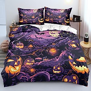 CCoutueChen Horror Ghost Face Duvet Cover Set for Kids Boys,King Size Halloween Bedding Set,Bats Castle Pumpkin Lights Pattern Comforter Cover with 2 Pillowcases, 3Pieces Soft Microfiber