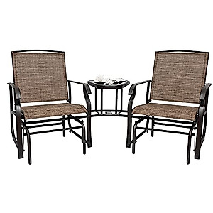 HSQQ 3 in 1 L Porch Glider Loveseat Outdoor Patio Swing Glider Chair 2-Person Outdoor Sling Fabric Double Glider Rocker Chair, Coffee Table with Umbrella Hole for Garden, Porch, Backyard, Beige