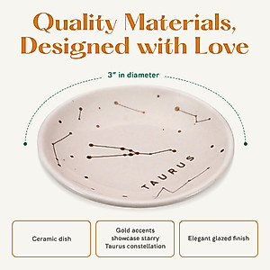 Lucky Feather Zodiac Ring Dish for Women – Glazed Ceramic Jewelry Tray with Astrological Constellation Depicted in Opulent Metallic Gold - Taurus