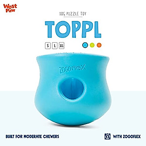 WEST PAW Zogoflex Toppl Treat Dispensing Dog Toy Puzzle – Interactive Chew Toys for Dogs – Dog Toy for Moderate Chewers, Fetch, Catch – Holds Kibble, Treats, Large 4", Aqua Blue