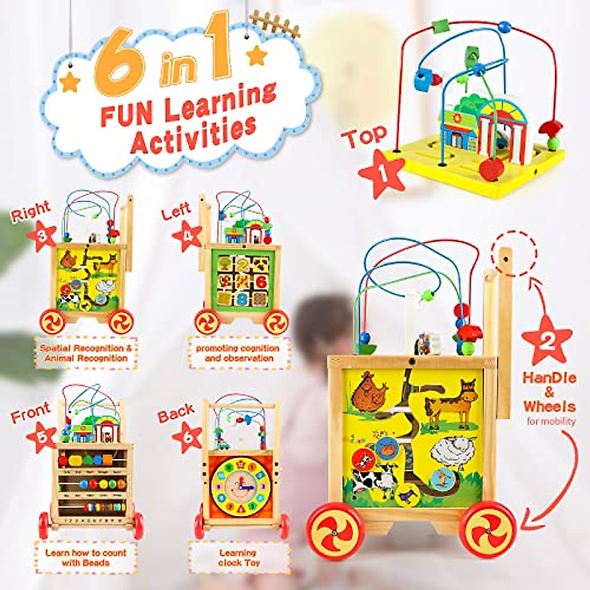 FOPNETS Wooden Toys for 1 2 Year Old Boys Girls Activity Cube Gift Set Developmental Montessori Learning Educational Toys for Toddlers Removable Bead Maze Shape Sorter 6 in 1 First Birthday Gifts
