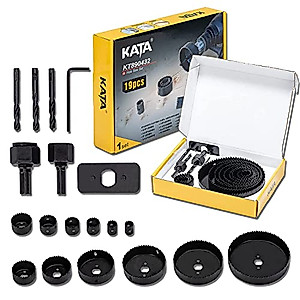 KATA Hole Saw Kit 19-Piece Hole Saw Set with 12Pcs Saw Blades Gift for Father, General Size 3/4"-5"(19-127mm), Mandrels Hex Key in Color Box, Ideal for Soft Wood, Plywood, PVC Board