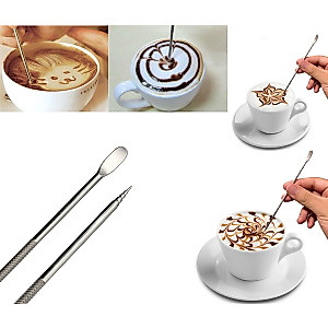 AKOAK Stainless Steel Coffee Art Pen,Coffee Fancy Stitch Barista Tool for Cappuccino Latte Espresso Decorating,2 Pieces